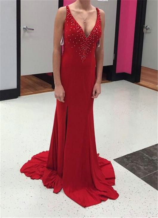 Sexy Red Slit Evening Dress,Sheath Red Prom Dress,Sexy Slit Formal ...