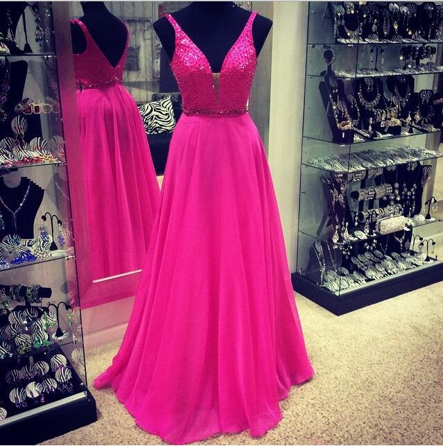 A Line Fuchsia Prom Dress,v-neckline Fuchsia Evening Dress on Luulla