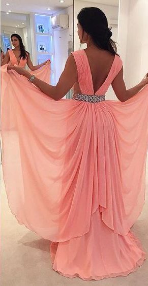 A Line Coral Prom Dress,v-neckline Formal Party Dress,v-back Evening ...