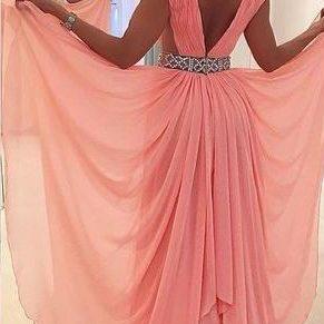 A Line Coral Prom Dress,v-neckline Formal Party Dress,v-back Evening ...
