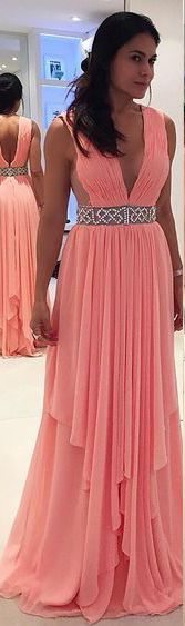 A Line Coral Prom Dress,v-neckline Formal Party Dress,v-back Evening ...